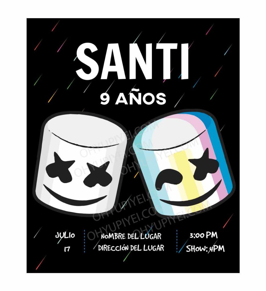Invitación Cumpleaños Marshmello Láser. Diseños Digitales.